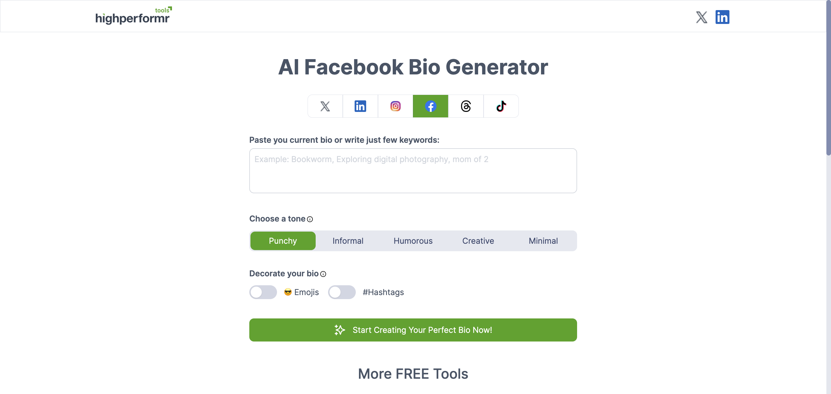 Facebook Bio Generator | AI Powered Tool by Highperformr.ai